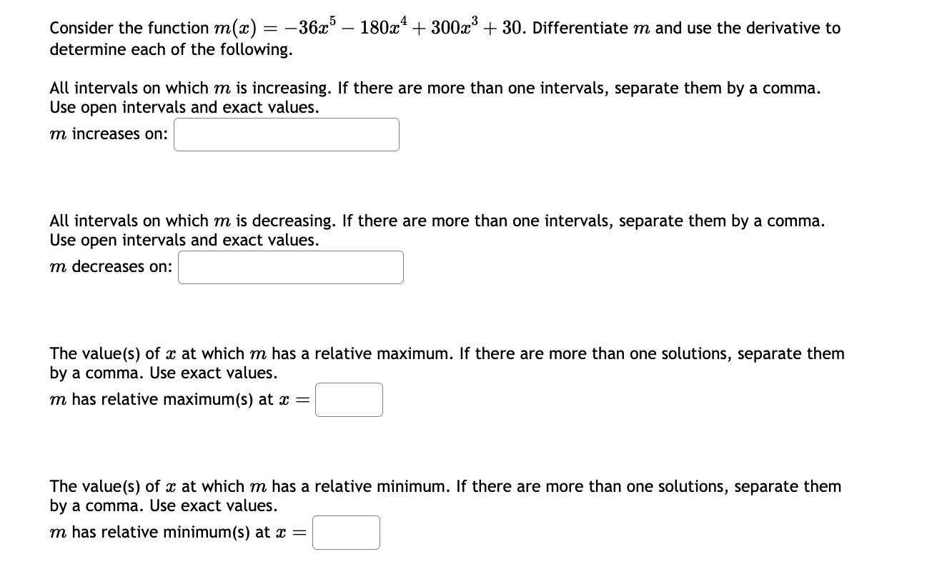 Solved Consider the function m(x)=-36x5-180x4+300x3+30. | Chegg.com