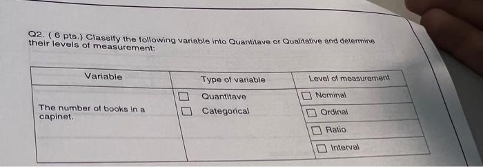 Solved Q2. ( 6 pts.) Classify the following variable into | Chegg.com