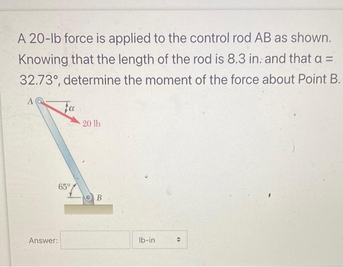 Solved A 20−Ib force is applied to the control rod AB as | Chegg.com