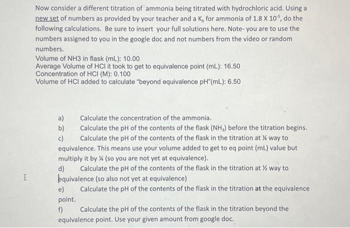Solved Now consider a different titration of ammonia being | Chegg.com