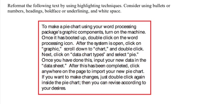 Solved Reformat the following text by using highlighting | Chegg.com