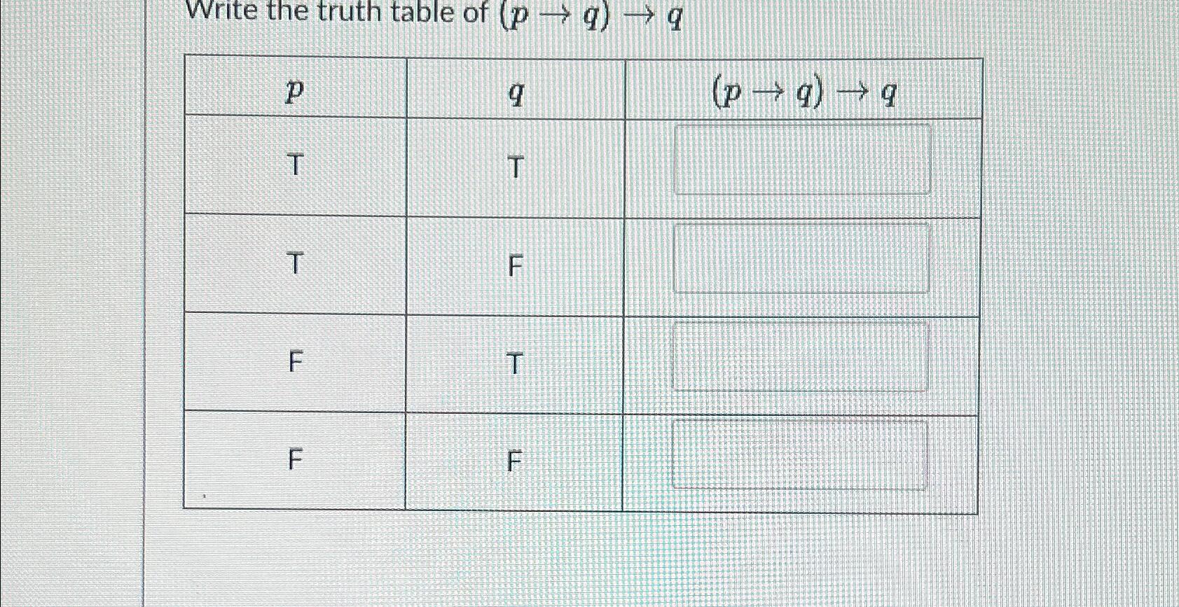 Solved Write the truth table of (p→q)→q\table[[p,q,(p→q)→q | Chegg.com