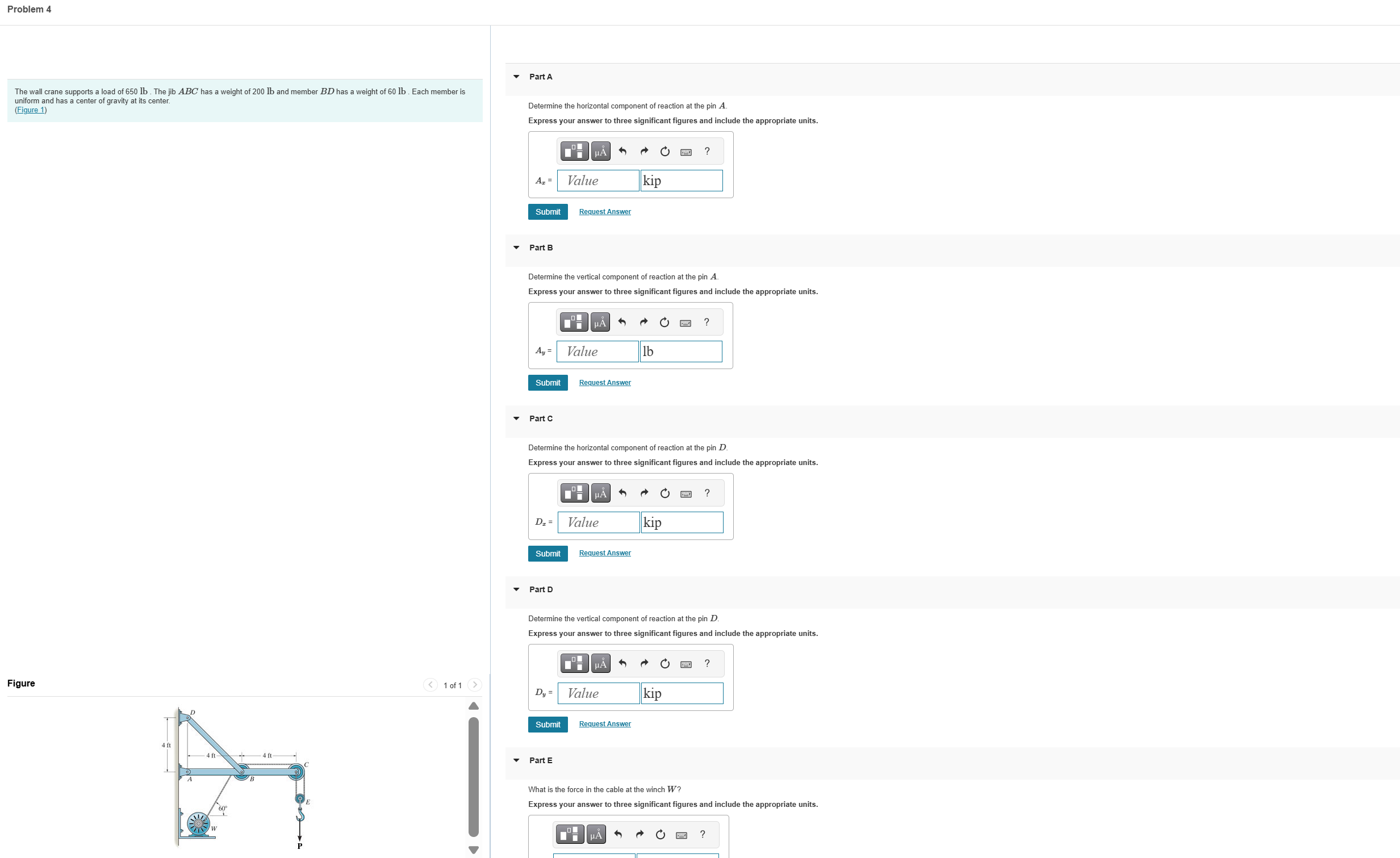 Solved The wall crane supports a load of 650 ﻿lb . ﻿The jib | Chegg.com