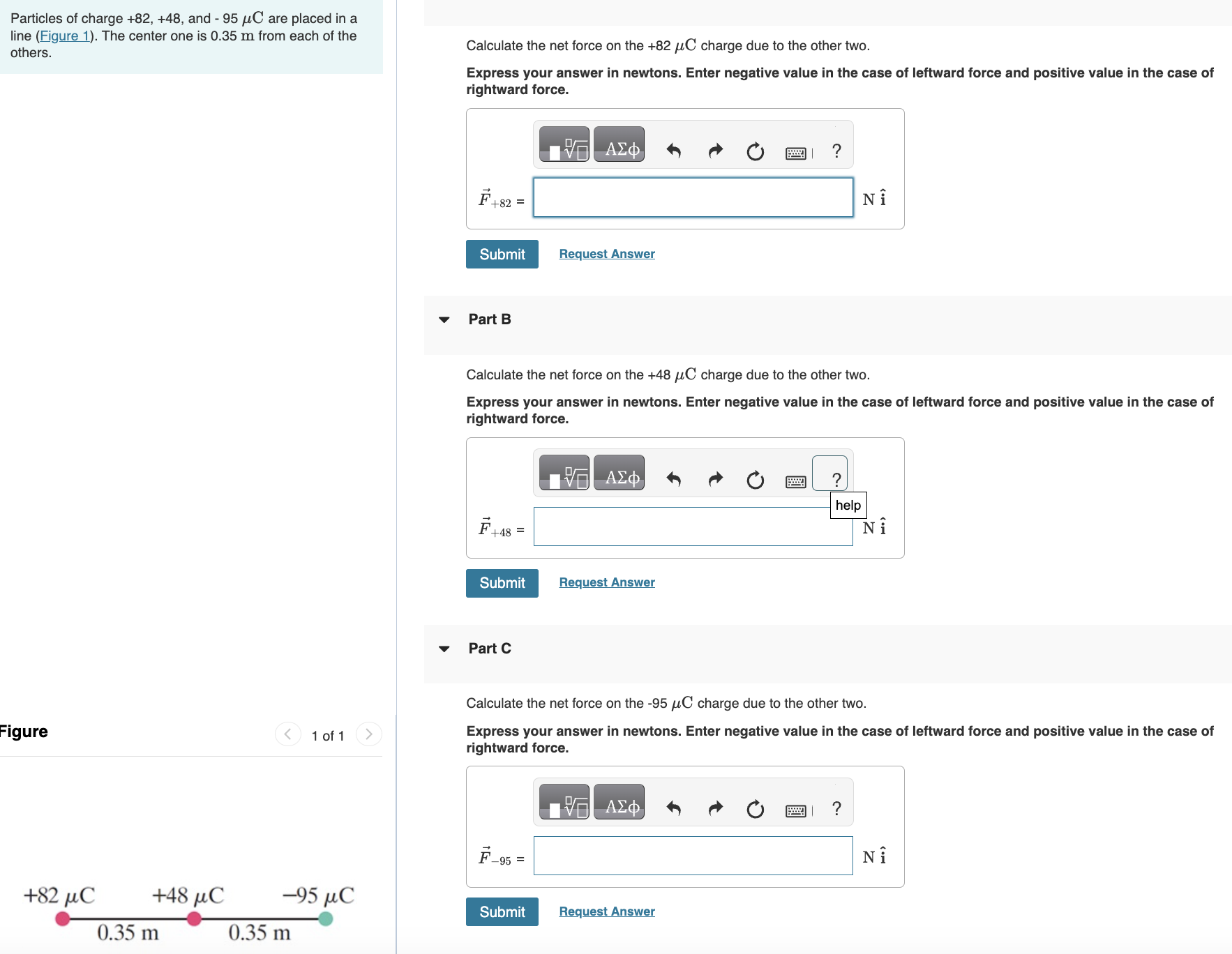Solved Particles of charge +82,+48, ﻿and -95μC ﻿are placed | Chegg.com