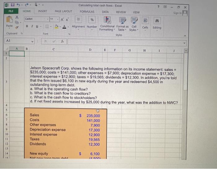 Solved 日ち Calculating total cash flows - Excel ? - X FILE | Chegg.com