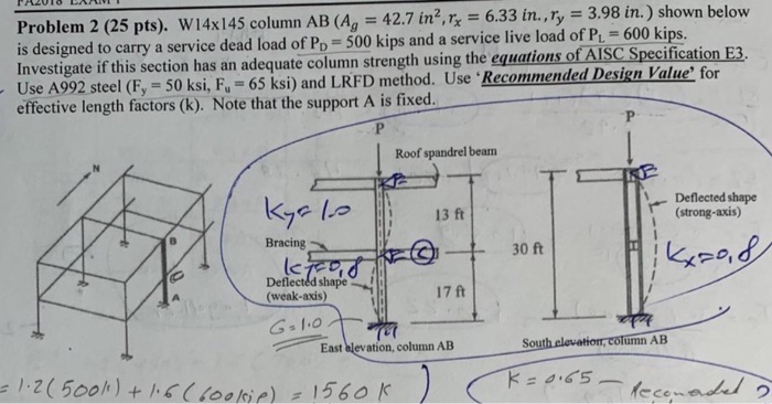 Solved Problem 2 (25 pts). W14x145 column AB (A, = 42.7 | Chegg.com