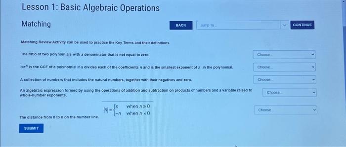 Lesson 1: Basic Algebraic Operations Matching | Chegg.com