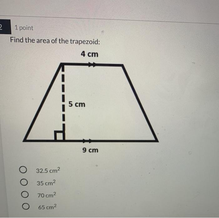 Solved 2 1 point Find the area of the trapezoid: 4 cm 5 cm 9 | Chegg.com Solved 2 1 point Find the area of the trapezoid: 4 cm 5 cm 9 | Chegg.com