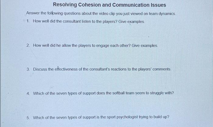 Solved Resolving Cohesion and Communication Issues Answer | Chegg.com