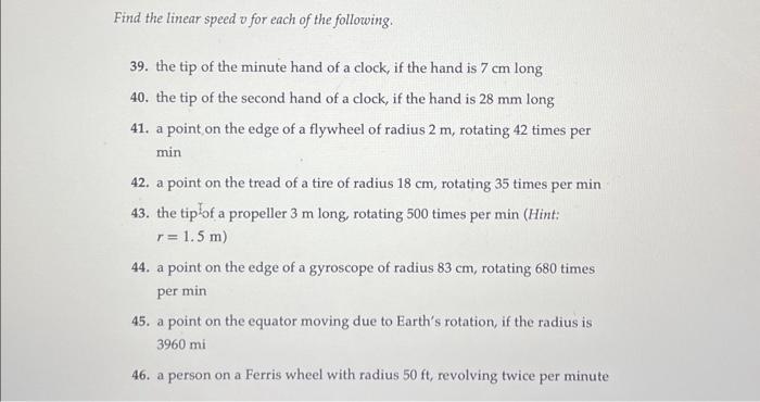Solved Find the linear speed v for each of the following. | Chegg.com