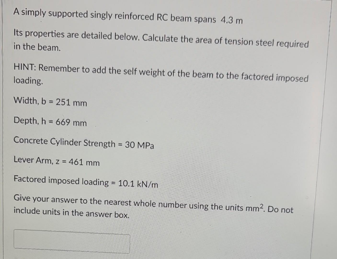 Solved A simply supported singly reinforced RC beam spans | Chegg.com