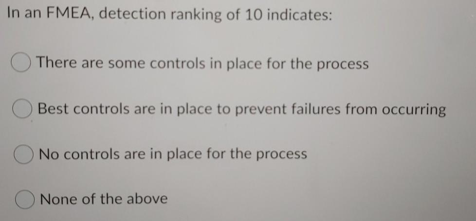 Solved In an FMEA, detection ranking of 10 indicates: There | Chegg.com