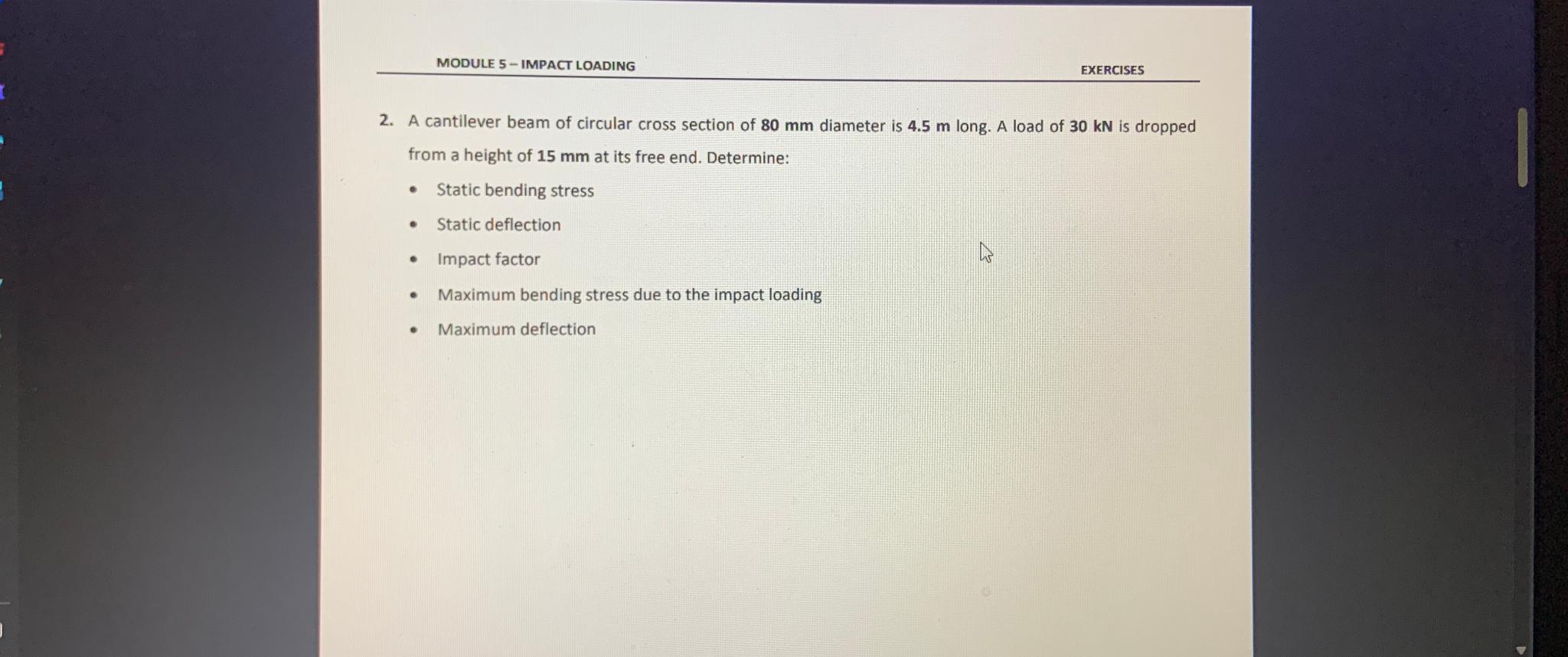 Solved MODULE 5 - ﻿IMPACT LOADINGEXERCISES2. ﻿A cantilever | Chegg.com