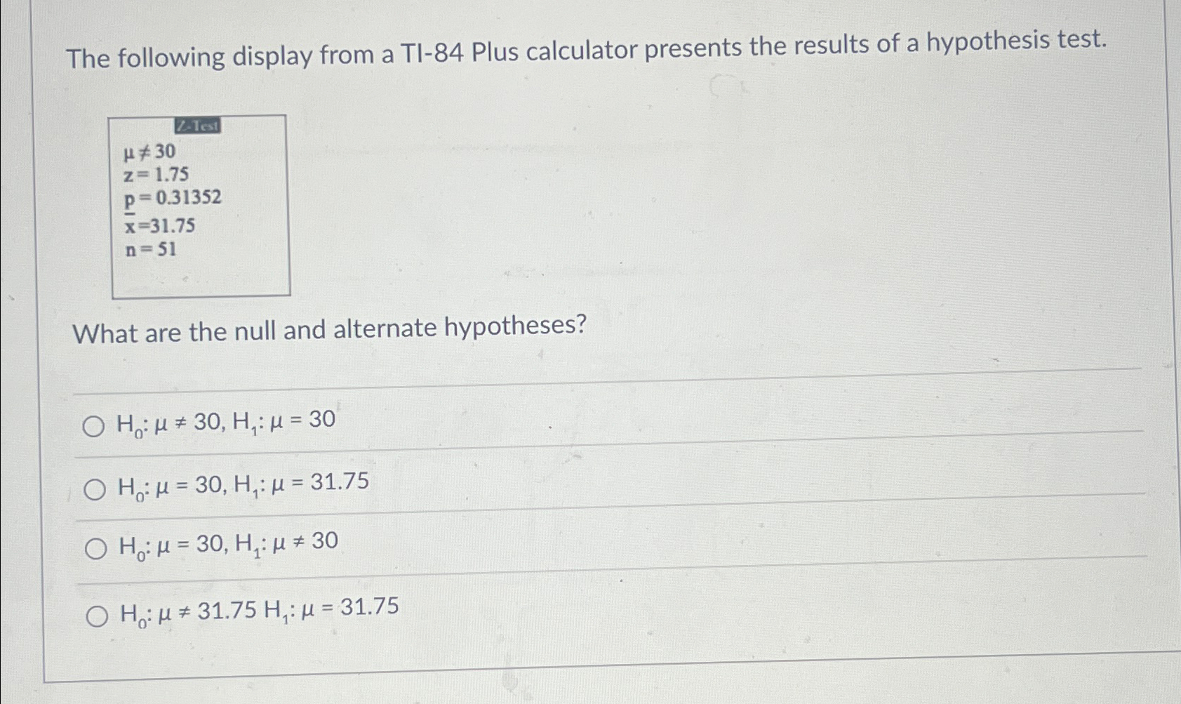 Solved The following display from a TI-84 ﻿Plus calculator | Chegg.com
