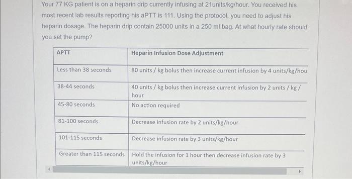 Solved Your 77 KG patient is on a heparin drip currently | Chegg.com