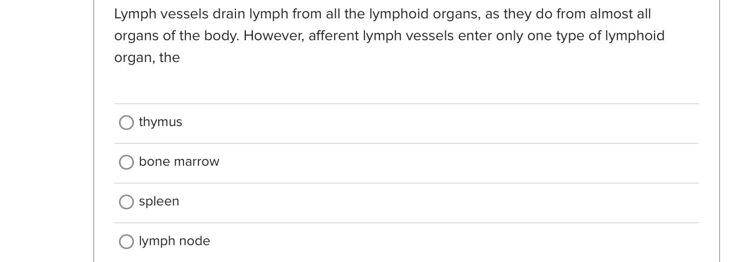 Solved Lymph vessels drain lymph from all the lymphoid | Chegg.com