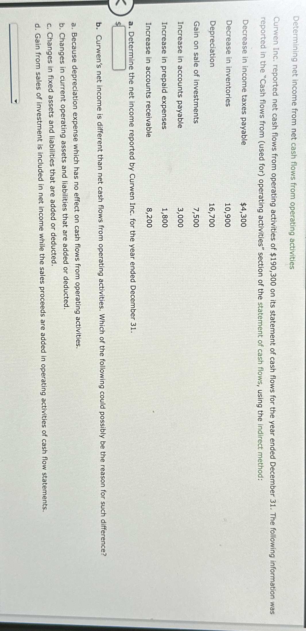 Solved Determining net income from net cash flows from | Chegg.com