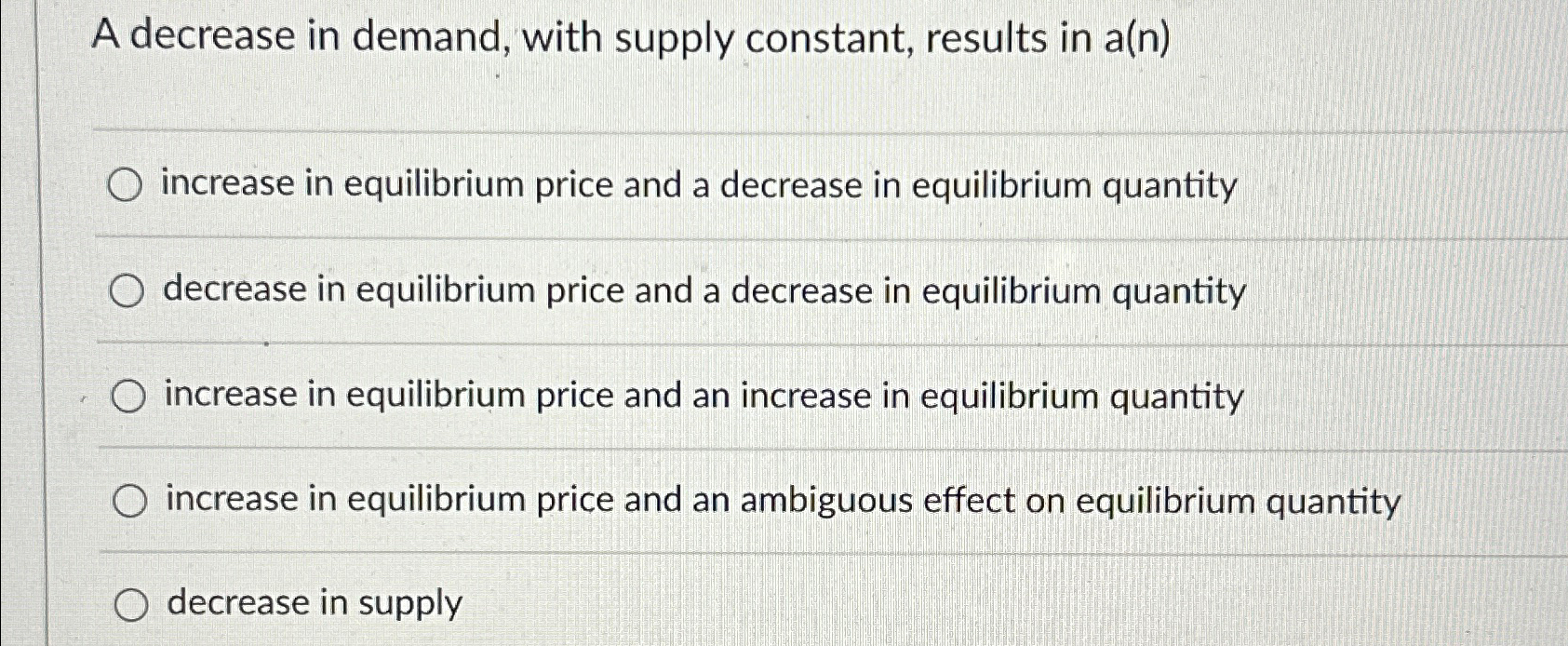 Solved A decrease in demand, with supply constant, results | Chegg.com