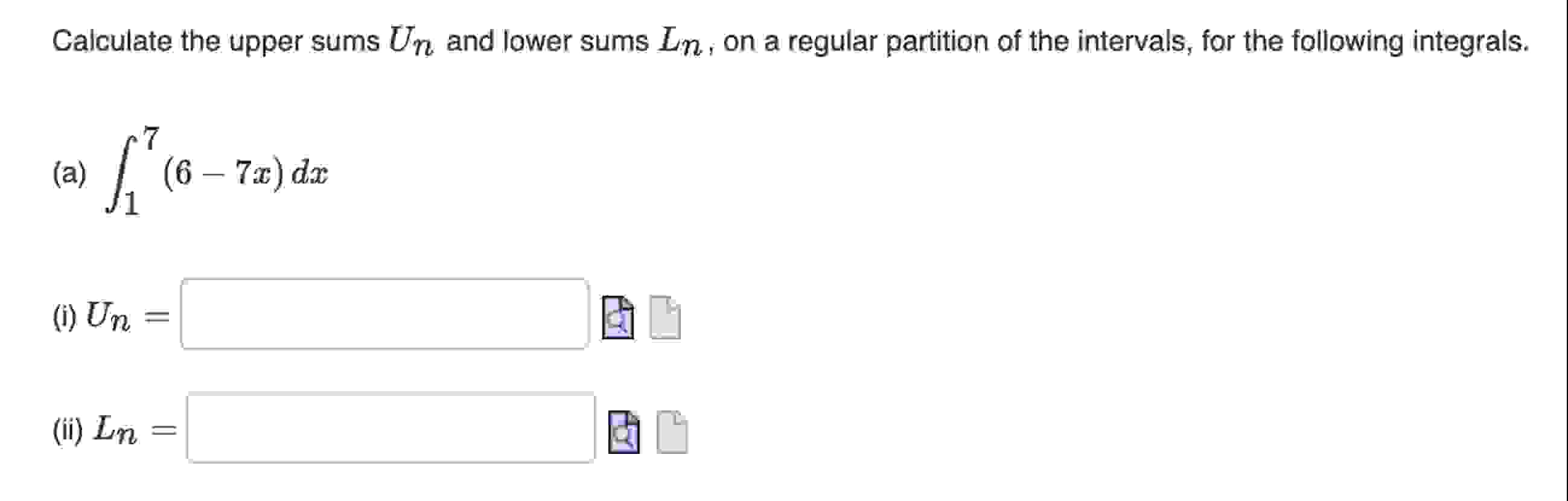 Solved Calculate the upper sums Un ﻿and lower sums Ln, ﻿on a | Chegg.com