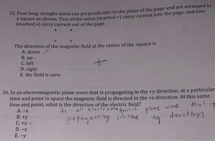 Solved 25. Four long, straight wires run perpendicular to | Chegg.com