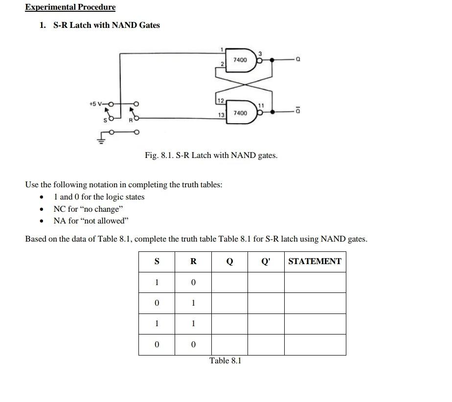 Solved Experimental Procedure 1. S-R Latch with NAND Gates | Chegg.com