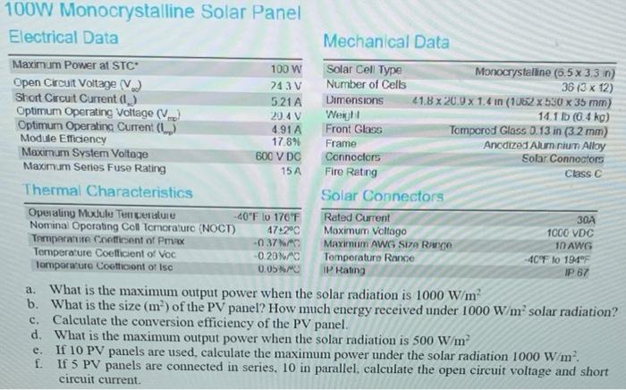 Solved 100W Monocrystalline Solar Panel Electrical Data | Chegg.com