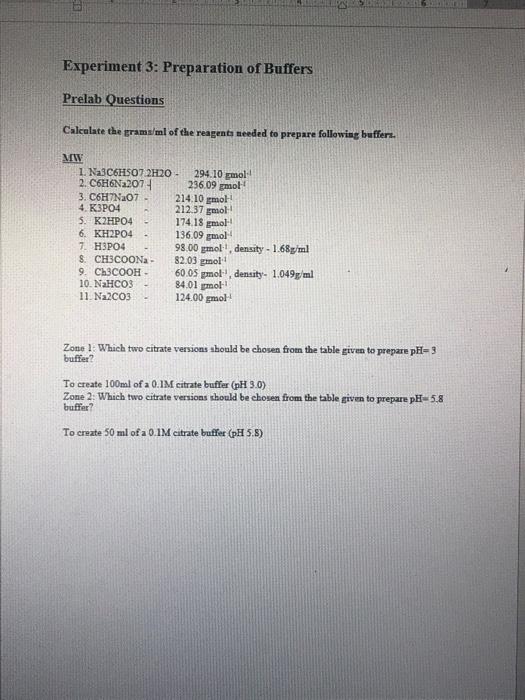 Solved prelab for preparation of buffers. please solve zone | Chegg.com