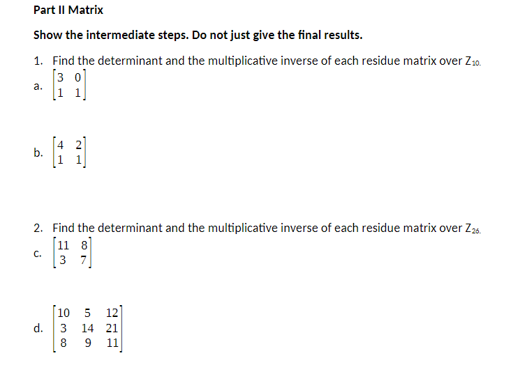 Solved Part II MatrixShow the intermediate steps. Do not | Chegg.com