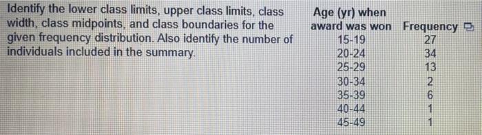 Solved Identify the lower class limits, upper class limits, | Chegg.com