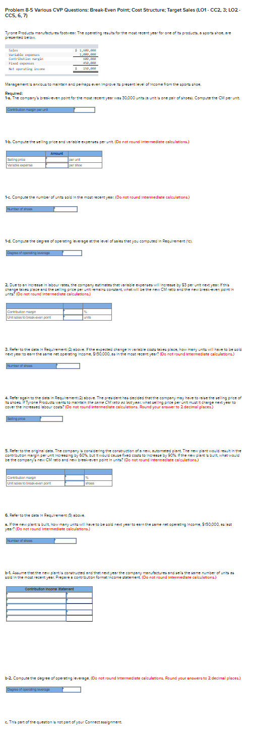 Solved Problem 8-5 ﻿Varlous CVP Questions: Break-Even Polnt; | Chegg.com