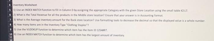 Solved Inventory Worksheet 1) Use an INDEX MATCH function to | Chegg.com