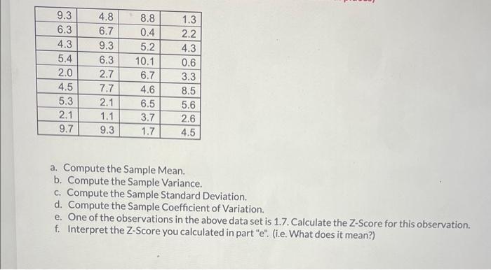 Solved a. Compute the Sample Mean. b. Compute the Sample | Chegg.com