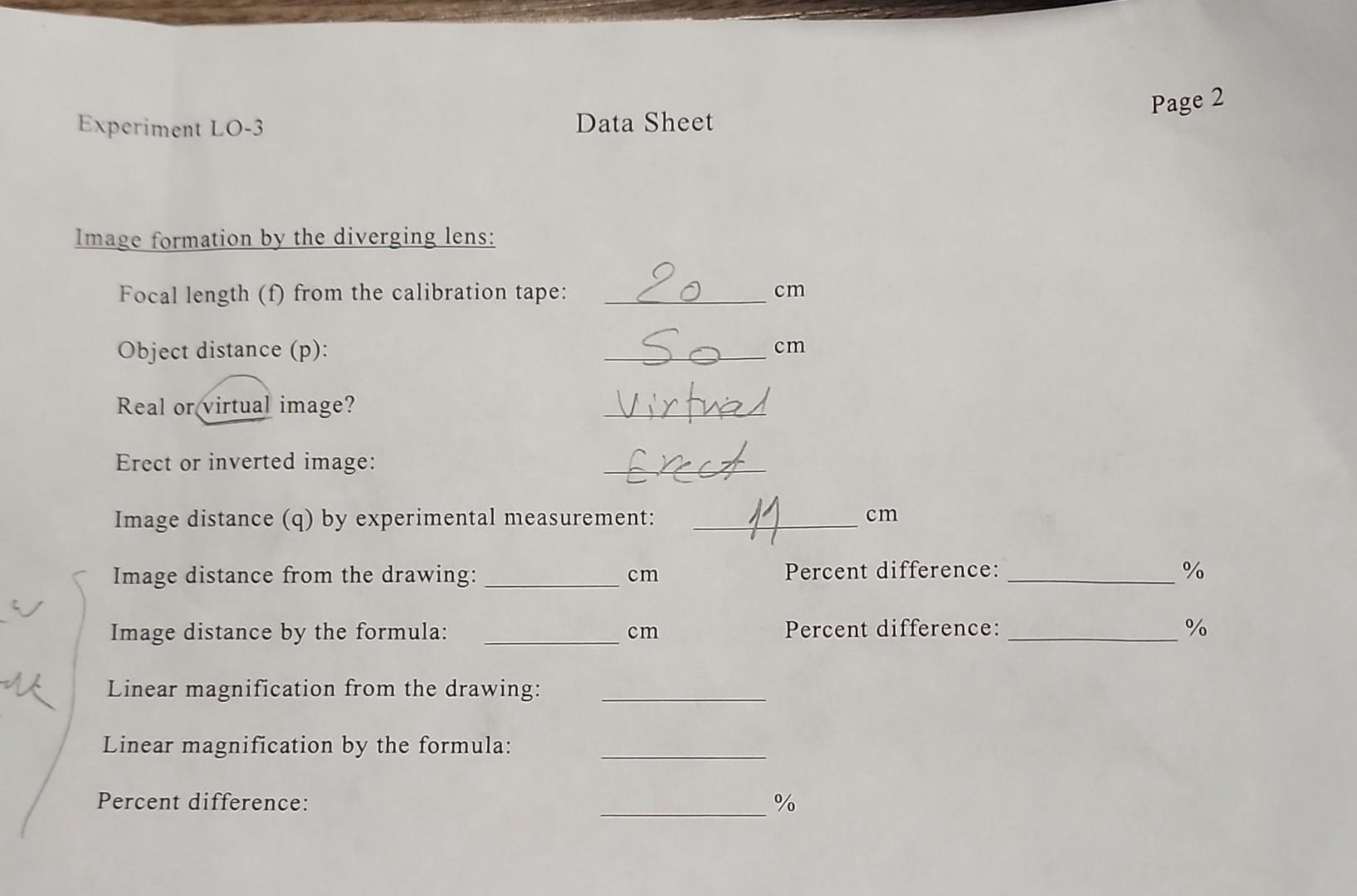 Experiment LO-3 Data Sheet Focal length of the | Chegg.com