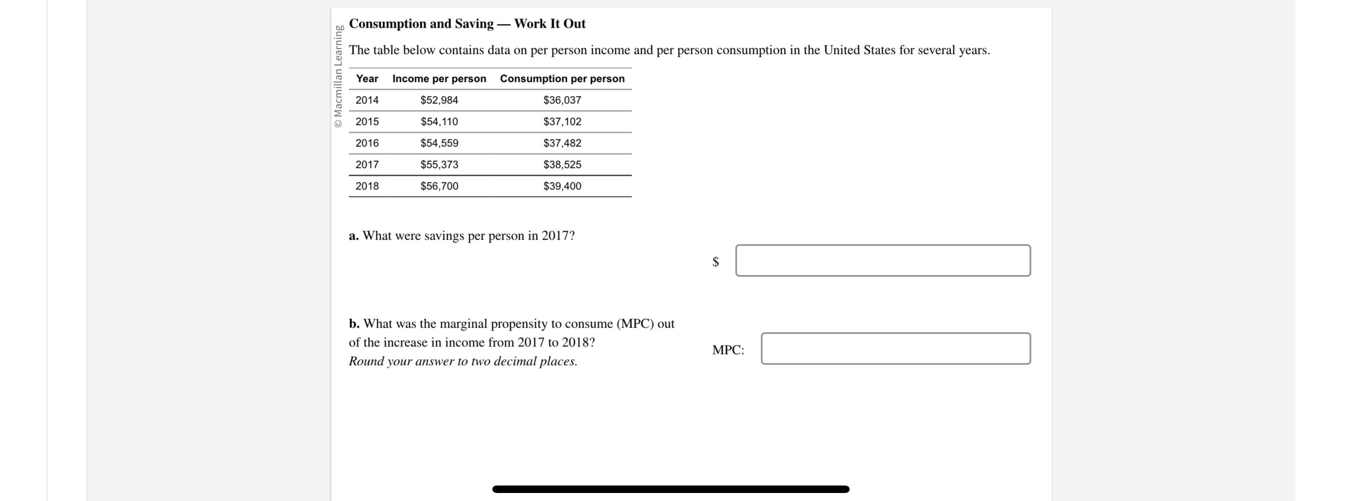 Solved \table[[Consumption and Saving — ﻿Work It | Chegg.com