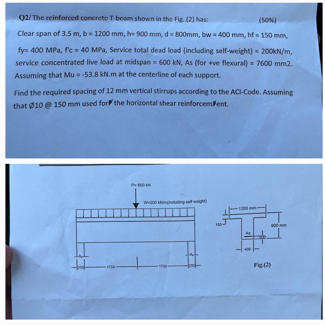 Solved slove the problem, Q2/ ﻿The reinforced concrete T | Chegg.com