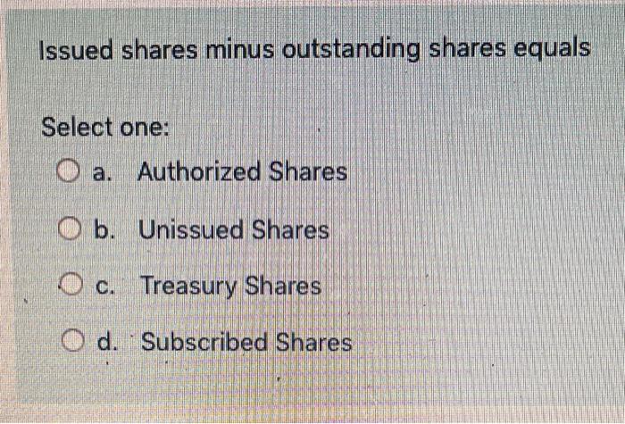Solved Issued shares minus outstanding shares equals Select | Chegg.com