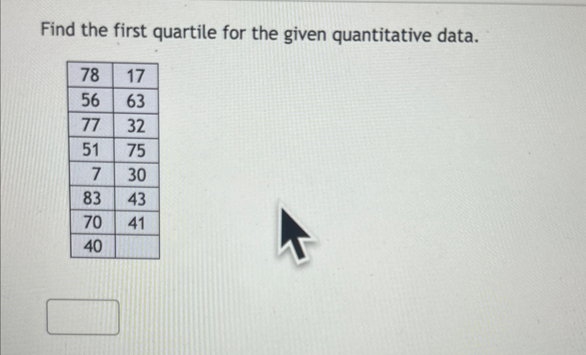 Solved Find the first quartile for the given quantitative | Chegg.com