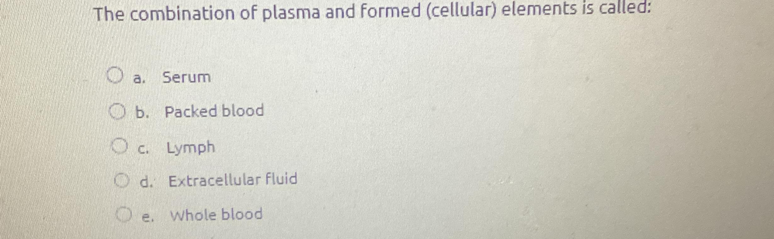 Solved The combination of plasma and formed (cellular) | Chegg.com