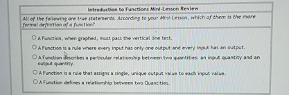 Solved Introduction to Functions Mini-Lesson ReviewAl of the | Chegg.com