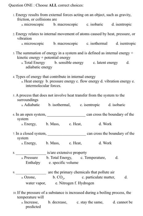 Solved Question ONE : Choose ALL correct choices: 1. Energy | Chegg.com