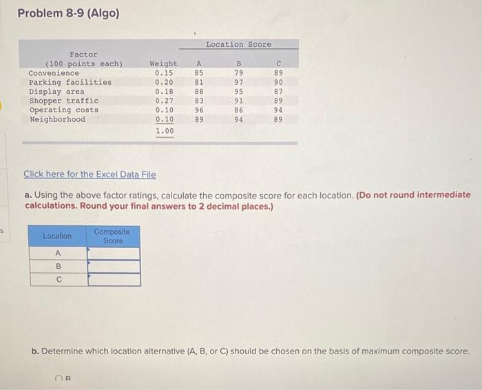 Solved Problem 8-9 (Algo) Click here for the Excel Data File | Chegg.com