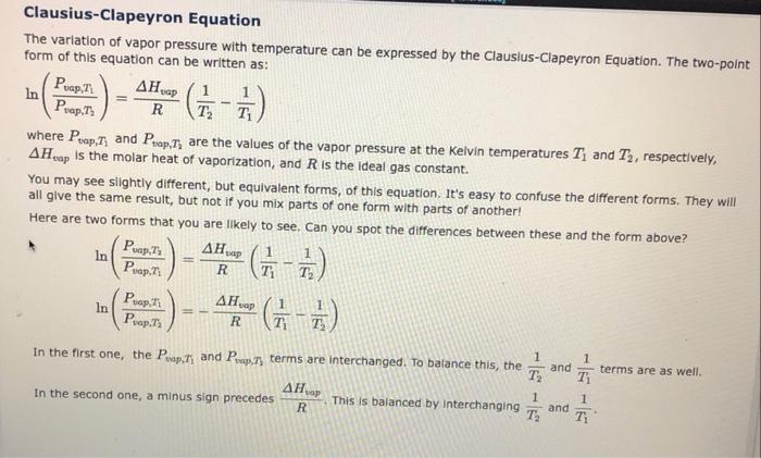 Solved Clausius-Clapeyron Equation The variation of vapor | Chegg.com