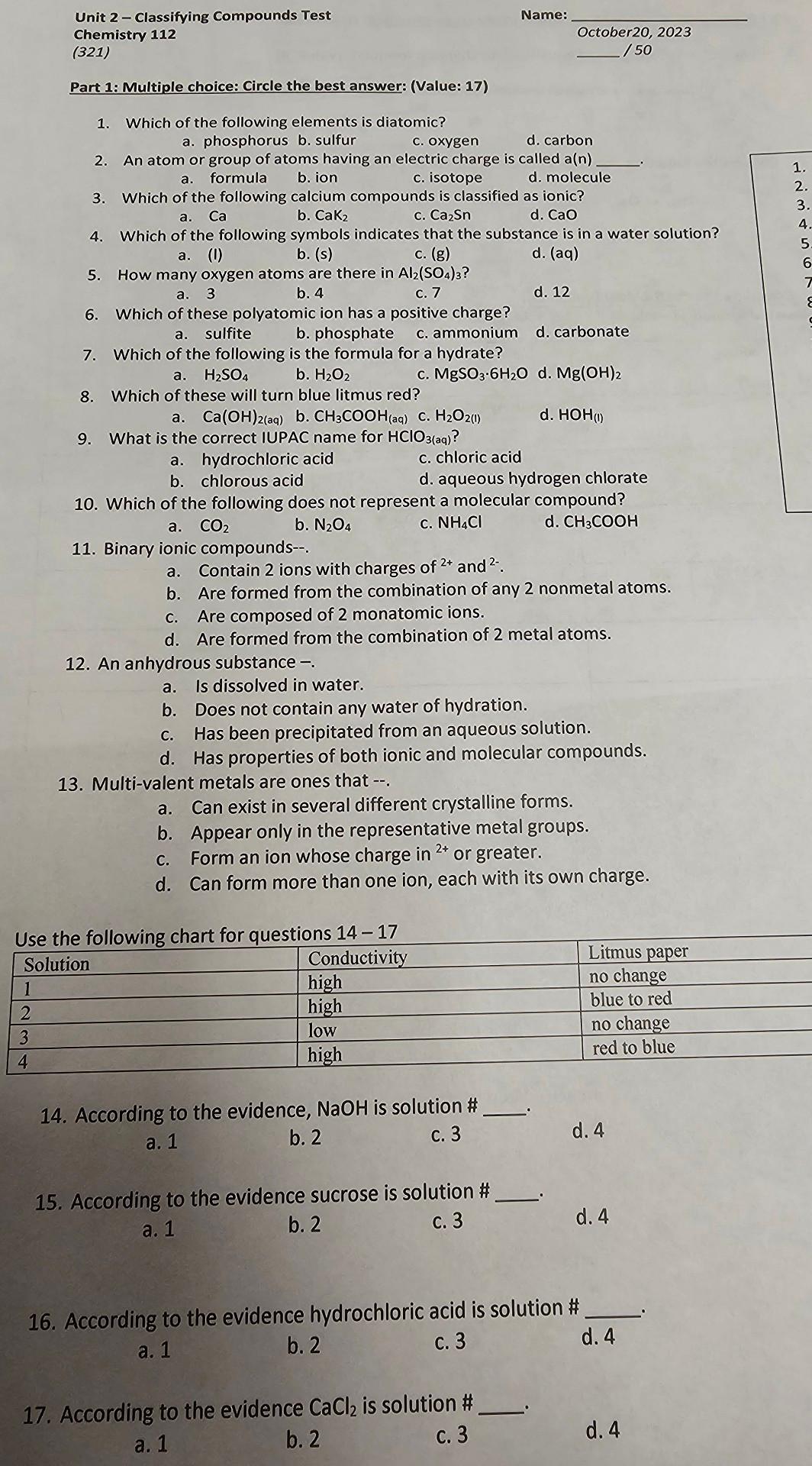 Solved Part 1: Multiple choice: Circle the best answer: | Chegg.com