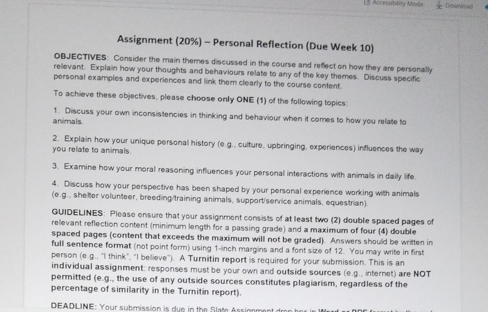 Solved Assignment ( 20% ) - Personal Reflection (Due Week | Chegg.com