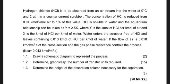 Solved Hydrogen chloride (HCI) is to be absorbed from an air | Chegg.com