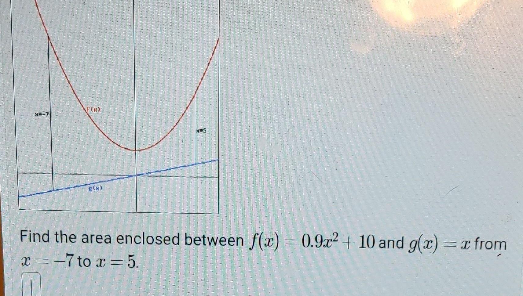 Solved Find the area enclosed between f(x)=0.9x2+10 and | Chegg.com