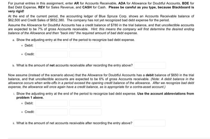 Solved For journal entries in this assignment, enter AR for | Chegg.com