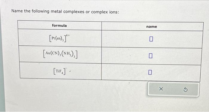 Solved Name the following metal complexes or complex ions: | Chegg.com