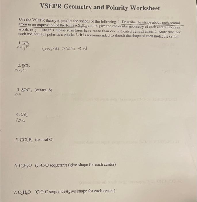 Solved VSEPR Geometry and Polarity Worksheet Use the VSEPR | Chegg.com