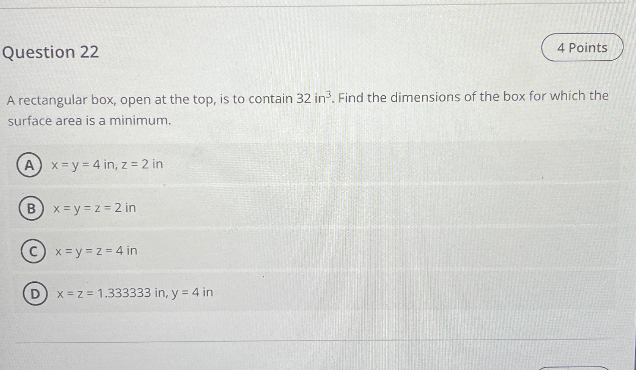 Solved Question 22A rectangular box, open at the top, is to | Chegg.com